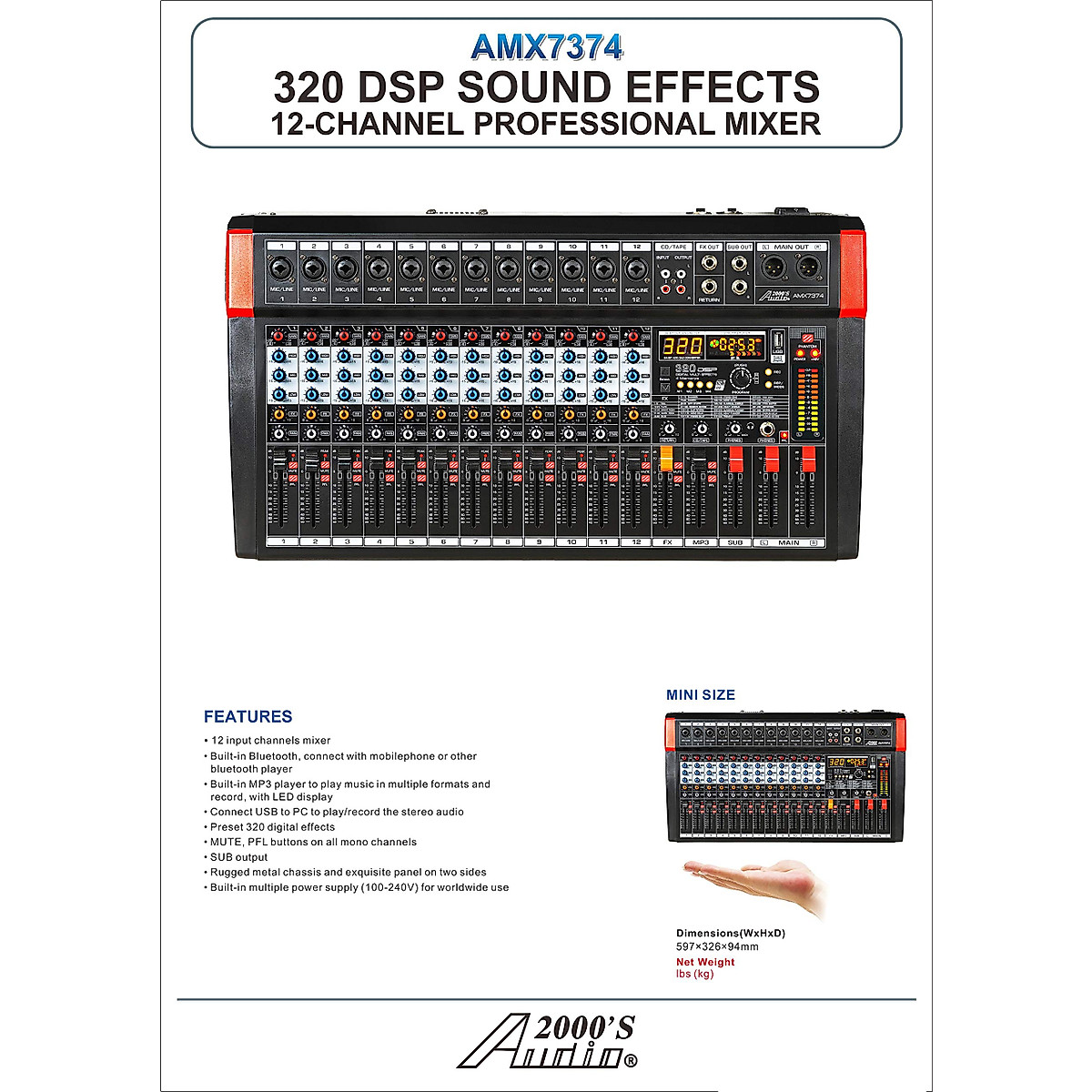 Audio2000'S AMX7374 12-Channel Audio Mixer with 320 DSP Sound Effects, Stereo Sub Out with Sub-Out Level-Control Fader, Level-Control Faders on All Channels, and USB/Computer Interface
