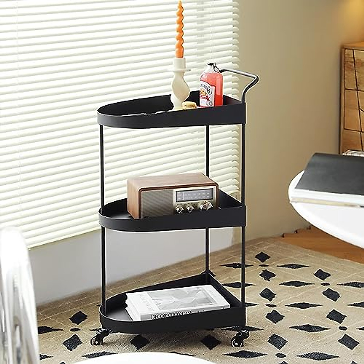 VLOBAOM Modern Serving Bar Cart, 3-Tier Storage Rolling Cart, Side Table with Wheels, Organizer Utility Rolling Cart Mobile Shelving Unit,15''Dx9''Wx31''H,Black