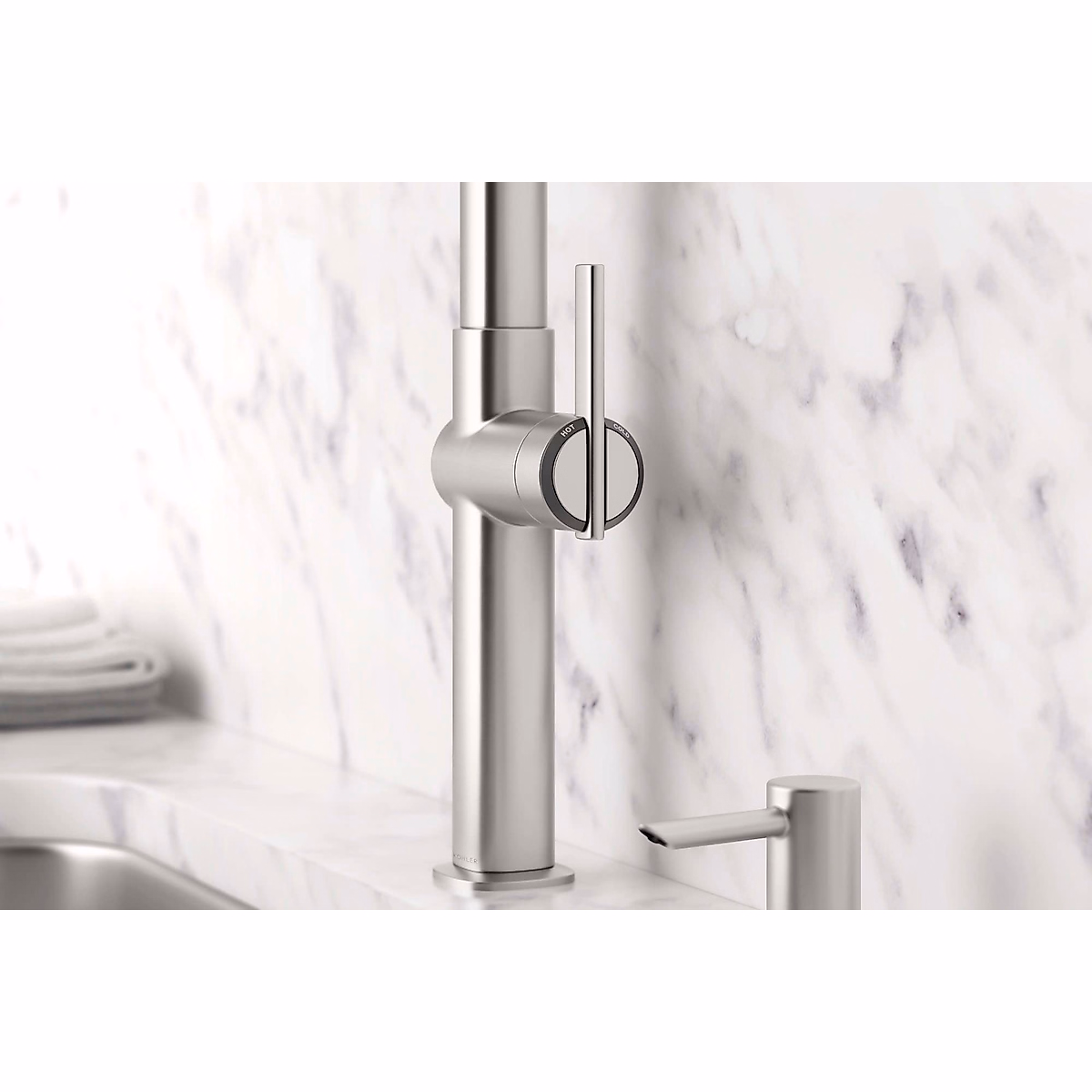 Kohler R22153-SD-VS Rune Single Handle Kitchen Faucet with Pull Down Sprayer and Soap Dispenser, Vibrant Stainless