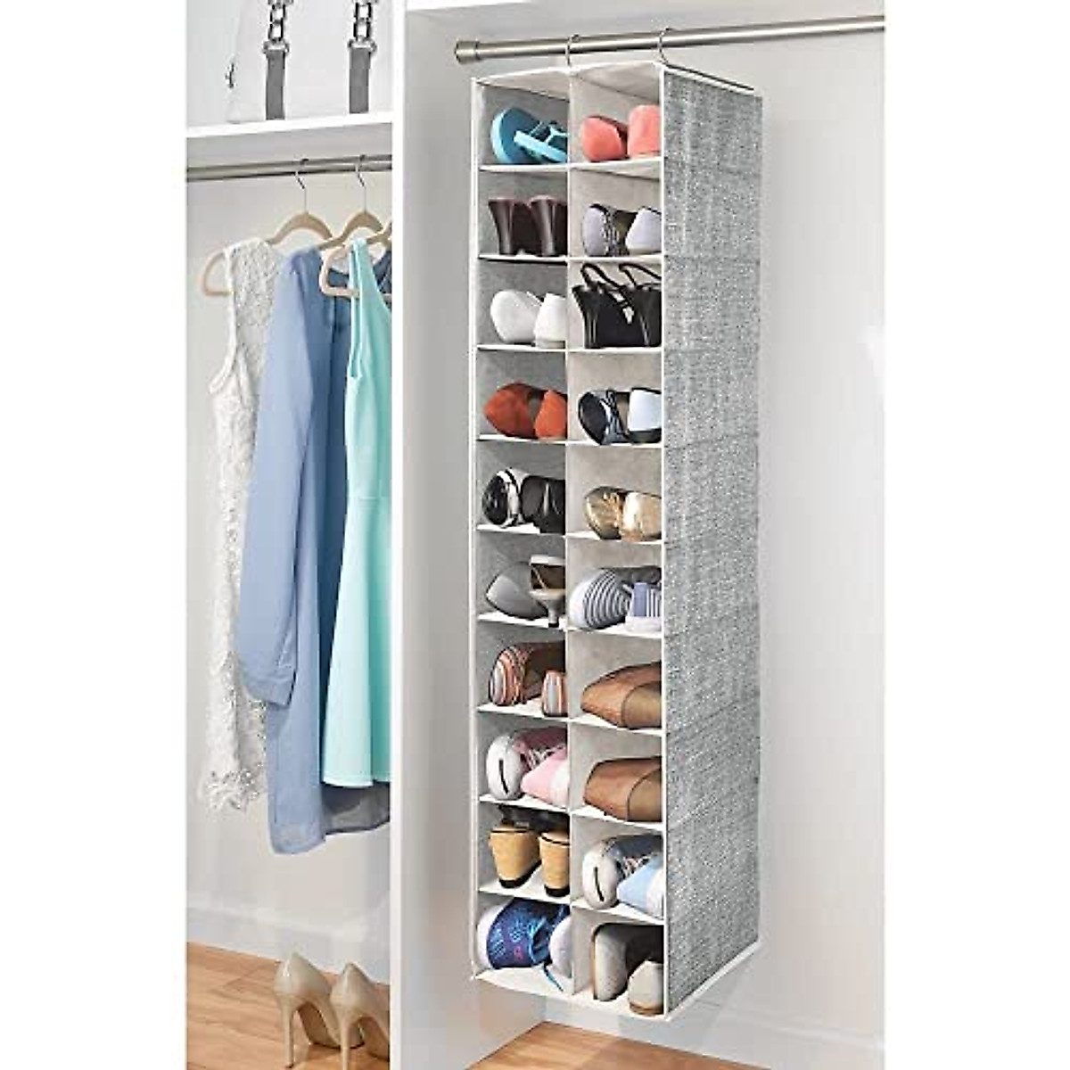 mDesign Soft Fabric Closet Organizer - Holds Shoes, Handbags, Clutches, Accessories - Large, 20 Shelf Over Rod Hanging Storage Unit - Black/Cream