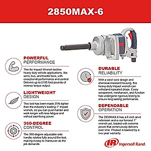 Ingersoll Rand 2850MAX-6 1" Extended Anvil Impact Wrench - 6" Extension, Lightweight Design, Powerful Reverse Torque Output Up to 2100 ft-lbs, Heavy Duty, 5500 RPM, 360 Degree Handle, Gray
