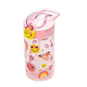 Zak Designs Kids Water Bottle For School or Travel, 16oz Durable Plastic Water Bottle With Straw, Handle, and Leak-Proof, Pop-Up Spout Cover (Sunny Smiles)