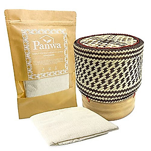 PANWA Bamboo Sticky Rice Serving Basket Thai Kratip Container - Chocolate Colored- 5.5 Inch Diameter with 16 Inch Round 6 Pack Reusable Cheesecloth