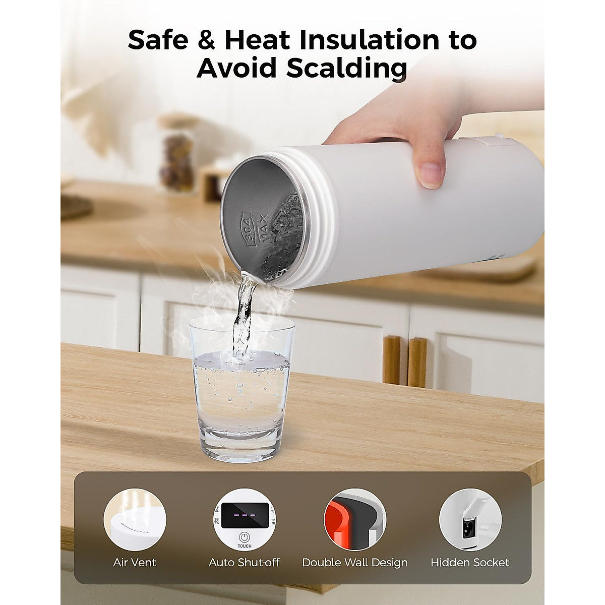 Travel Portable Electric Kettle, Small Mini Coffee Tea Kettle with 4 Temperature Settings, Fast Boiling Hot Water with Auto Shut-off, Stainless Steel, 17oz, White