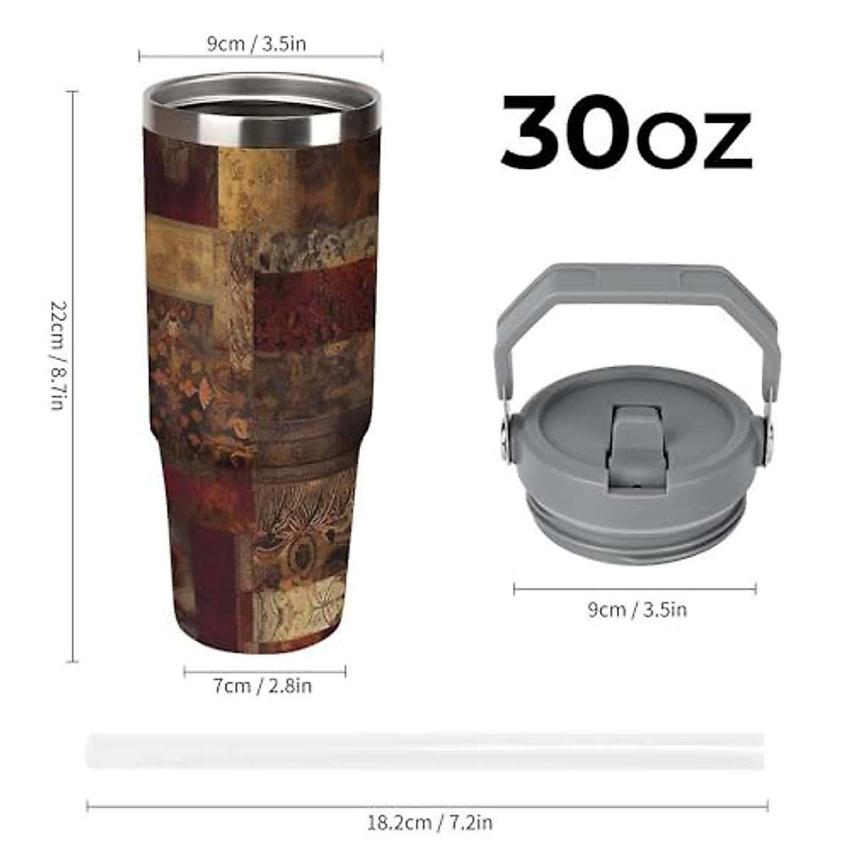 YTLKGFP 30 Oz Large Capacity Car Cup Patchwork Pattern Tumbler with Handle Straw Lid Insulated Stainless Steel Water Bottle Travel Mug Leak-proof Car Cup Keeps Cold Or Hot