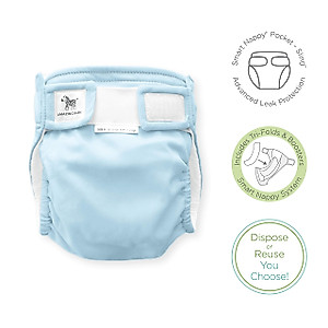 Amazing Baby Hybrid Cloth Diaper Cover/Swim Diaper, Med, Sz 3 (12-25 lbs), Use Boosties Disposable or Reusable Inserts, Pastel Blue, SmartNappy Set: Cover + Tri-Fold + Booster Pad