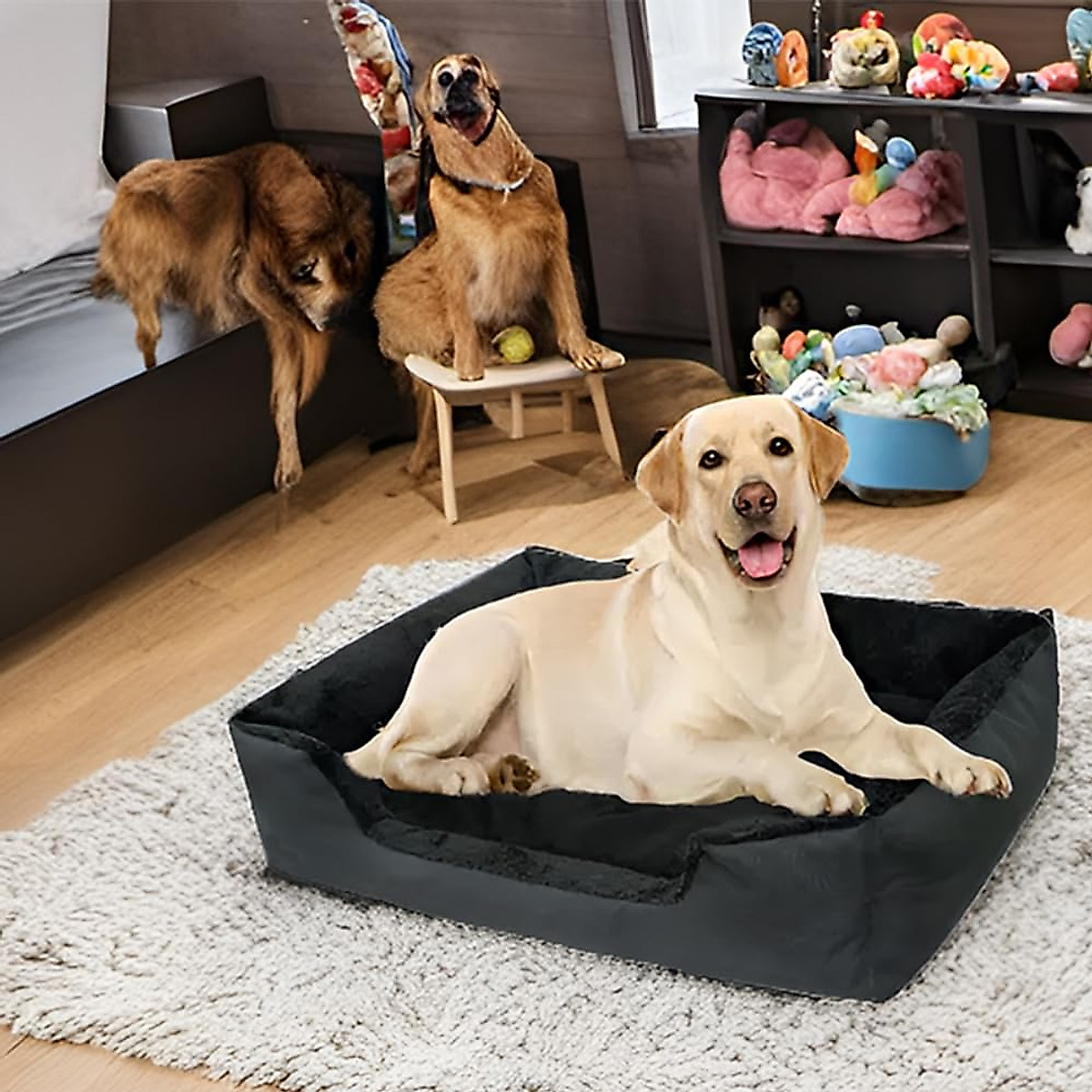DTXDTech Dog Bed for Large Dogs,Waterproof Dog Beds for Medium Dog,Machine Washable Dog Bed with Non-Slip Bottom,Fluffy Cozy Rectangle Pet Bed Indoors,Black,L