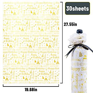 MR FIVE Large Size Gold Birthday Tissue Paper Bulk,20" x 28",White with Gold Happy Birthday Design Tissue Paper for Gift Bags,Gold Happy Birthday Tissue Paper for Birthday Party,30 Sheets