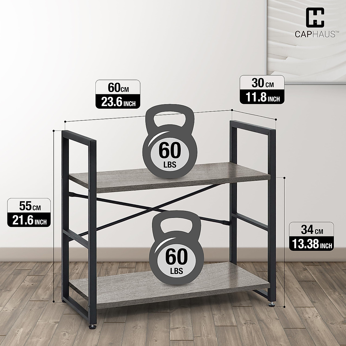 CAPHAUS 2 Tier Small Bookshelf, 24 Inch Width Free Standing Shelf, Bookcase Shelf Storage Organizer, Industrial Book Shelves for Home Office, Living Room, Dark Grey Shelves & Metal Frame