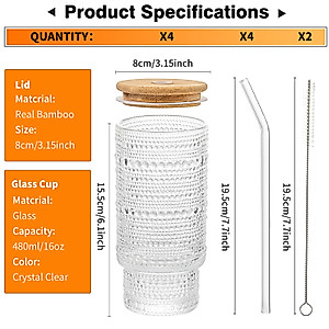 Romantic Highball Drinking Glasses Set of 4, Beaded Glassware, 16oz XL Hobnail Glassware, Vintage Glassware Set, Embossed Vintage Drinking Glasses for Beer, Cocktail, Soda, Beverage (16oz with lid)