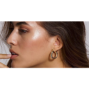 BOUTIQUELOVIN 14K Gold Plated Chunky Hoop Earrings for Women Lightweiht Tube Hoops Hypoallergenic Sterling Silver Post Thick Hoop Earrings