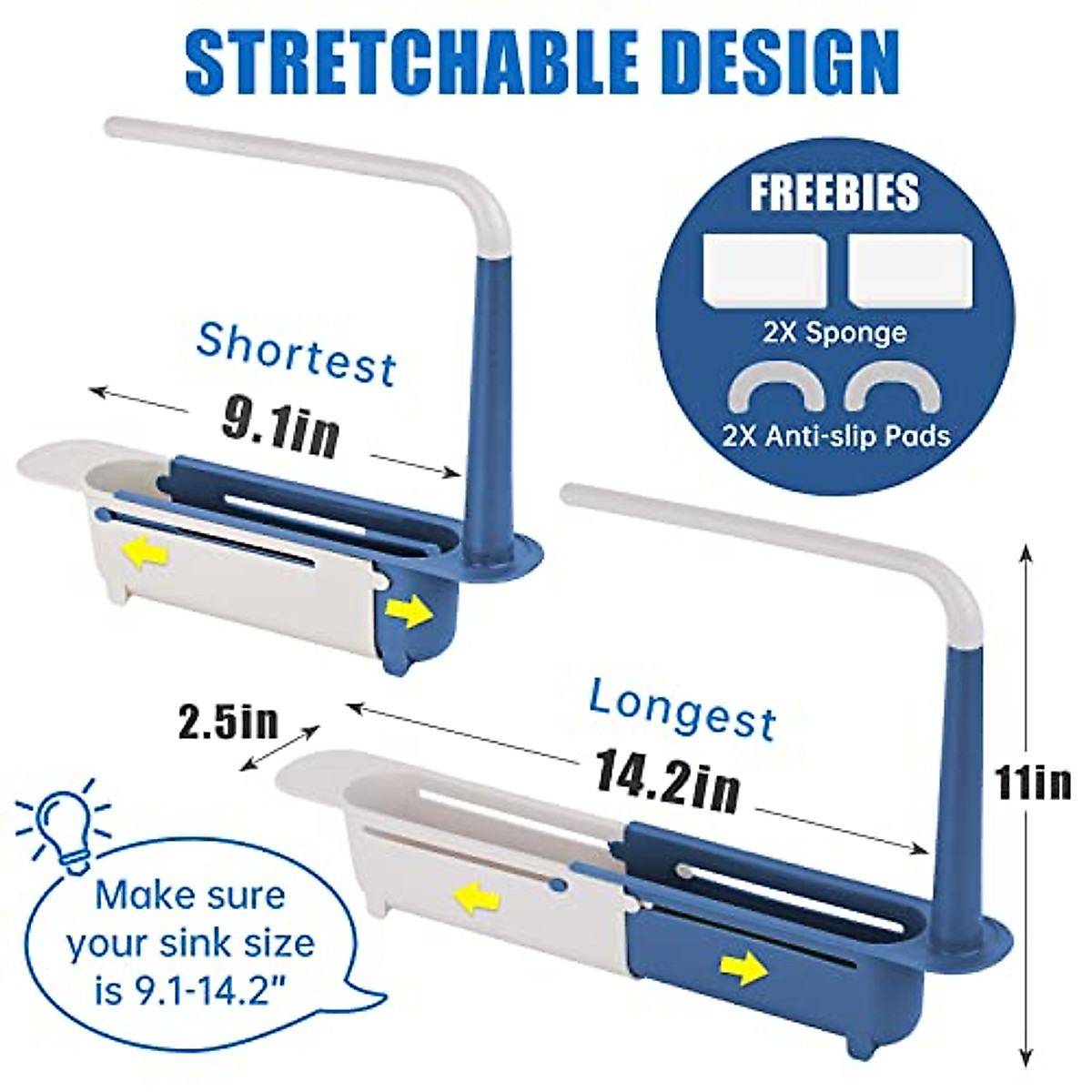 NiHome Telescopic Kitchen Sink Organizer with Towel Hanger and Expandable Drain Basket - Adjustable Length Multifunctional Caddy for Home and Bathroom Storage (Blue/White)