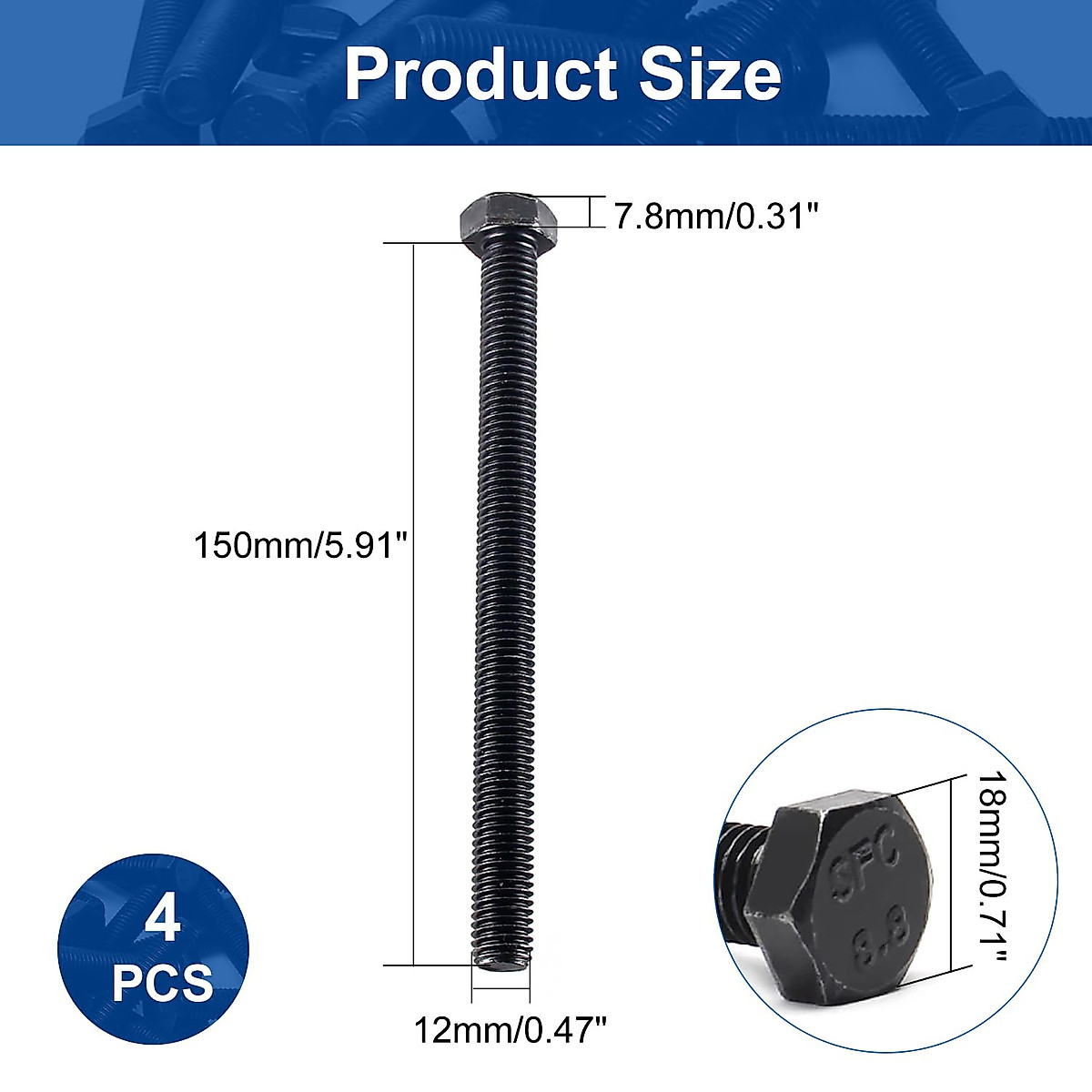 MroMax 4Pcs M12 x 150mm Hex Head Screw Bolt, Carbon Steel Grade 8.8, Black Oxide Finish, Full Thread, Hexagon Head Bolts for Furniture Repair