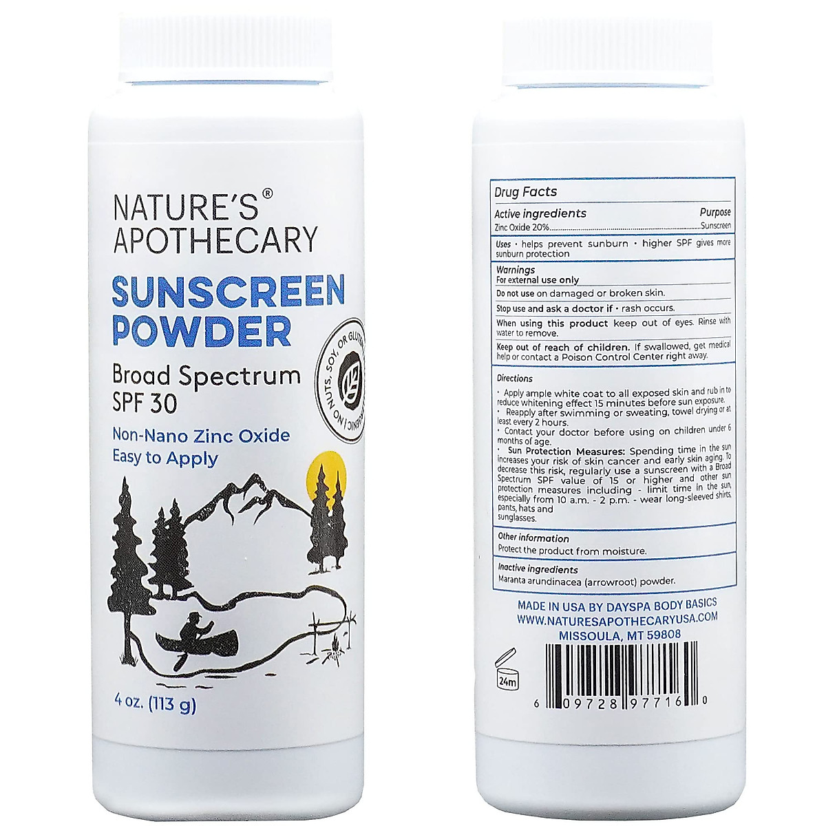 All-Natural, Benzene Free, Non Nano Zinc Oxide Sunscreen Powder SPF 30 - Water & Sweat Resistant, Reef & River Friendly, Hypoallergenic, Biodegradable, Made in USA by Nature's Apothecary