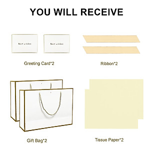 Gfractolux Gift Bags Medium, 2 Pack Gift Bags with Tissue Paper and Cards, Gift Bags with Handles for Birthdays, Baby Shower, weddings, Party Favor, Holiday Presents 11"X7.9"X3.9" (White and Gold)
