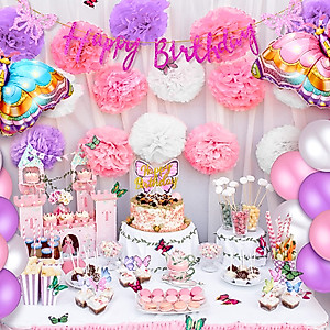 Sumind Butterfly Birthday Party Decoration for Girls Purple Butterfly Party Supply Include Happy Birthday Banner Butterfly Cake Topper Butterfly Hanging Swirl Foil Latex Balloon Paper Pom Pom