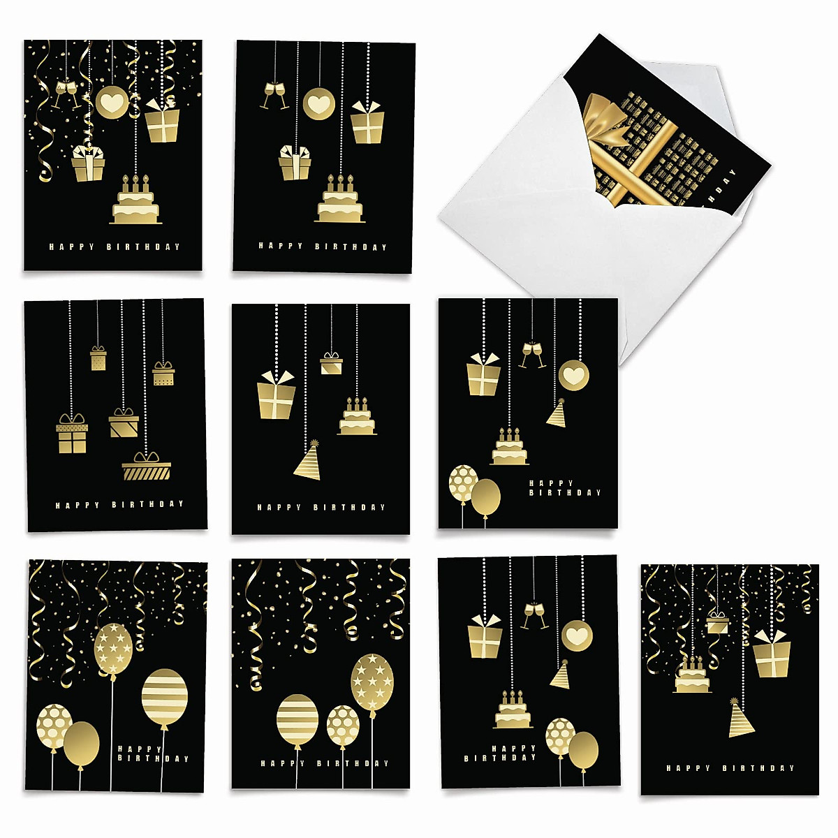 The Best Card Company - 10 Birthday Note Cards Boxed (4 x 5.12 Inch) - Celebration Candles and Cake, Notecards Assorted (Not Gold Foil) - Elegant Event AM6723BDG-B1x10