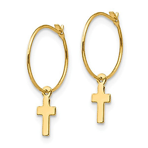 Solid 14k Yellow Gold Endless Hoop Small Cross Earrings 18mm