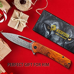 NedFoss PEGASUS Damascus Pocket Knife for Men, 3.5" Ladder Pattern Damascus Steel Folding Knife with Rosewood Handle, Ball Bearings Pivot, Deep Carry Clip, EDC Knife Camping Gifts for Men Women