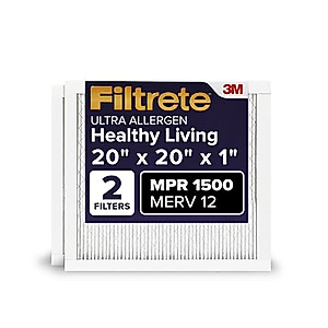Filtrete 20x20x1 AC Furnace Air Filter, MERV 12, MPR 1500, CERTIFIED asthma & allergy friendly, 3 Month Pleated 1-Inch Electrostatic Air Cleaning Filter, Pack of 2 (Actual Size 19.69x19.69x0.78 in)