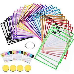 WOT I Dry Erase Pockets 30 Packs, Oversized 10 x 14 Inches Dry Erase Sleeves, Reused Plastic Sheet Protectors with 30 Markers / 4 Erasers / 1 Ring, Assort Colors Teacher Students Supplies for Class