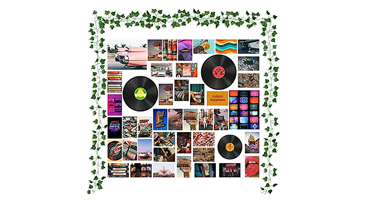 Retro Wall Collage Kit with Vines & Records - Perfect for Bedrooms