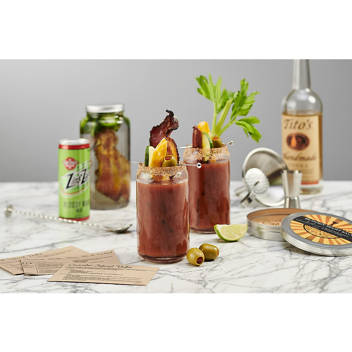 Bloody Mary Cocktail Kit: 16 oz Beer Can Drinking Glass Set | Zing Zang Bloody Mary Mix | Rokz Salt Tin | Infusion Jar | Bar Spoon | Jigger | Garnish Picks | Recipe Cards