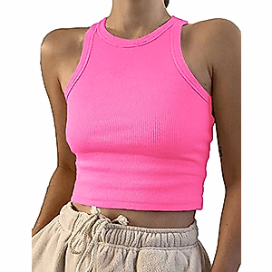 Artfish Women Casual Basic Sleeveless High Neck Ribbed Knit Racerback Crop Tank Top Cropped Neon Hot Pink S Valentines Day Going Out