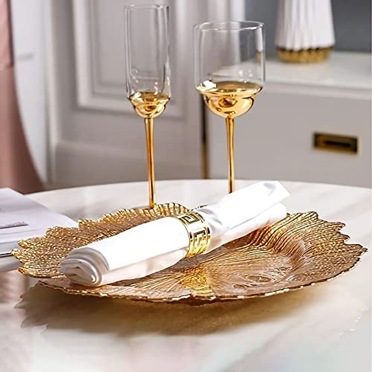 WUWEOT 12 Pack 13" Gold Charger Plates, Plate Chargers with Flora Reef Design, Plastic Round Ruffled Rim Dinner Charger Plates for Dinner Wedding Party Decoration