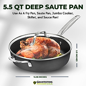 Granitestone Armor Max 5.5 Quart.Sauté Pan with Lid - 12 Inch Non Stick Deep Frying Pan with Lid, Large Frying Pan, Oven Safe Skillet with Lid, Multipurpose Jumbo Cooker, Stovetop/Dishwasher Safe…