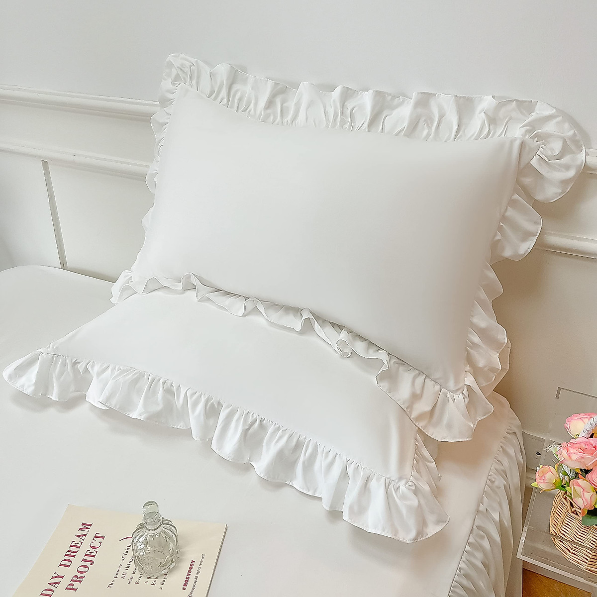 MOOWOO Waterfall Ruffle Duvet Cover Queen,3 Piece White Shabby Chic Bedding Solid Color Soft and Breathable with Zipper Closure & Corner Ties