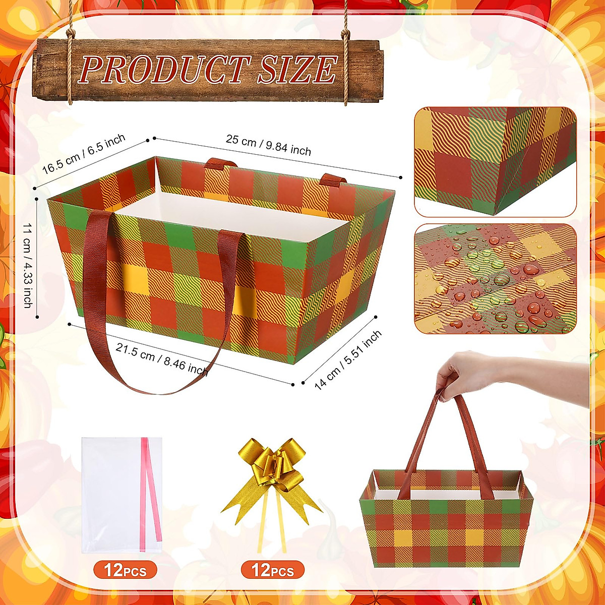 Qinyoung 12 Pcs Fall Basket for Gifts Empty 9.8 x 6.5'' Autumn Plaid Gift Basket Empty to Fill with Handles, Bows, Plastic Bags and Twist Ties for Autumn Thanksgiving Party Favor Supplies