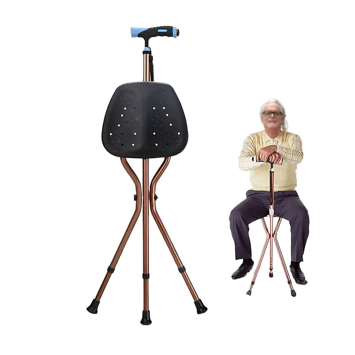 Aluminum Alloy Walking Stick with LED Light, Foldable, Three-Legged Cane Chairs for Adults, Portable, T-Grip, Anti-Slip, Lightweight, for Disabled, Elderly (Size : Brown)