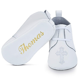 BabyShoe Personalized Christening - Baptism Leather Shoes for Baby Boys & Girls with Hand Embossed Name & Date – Newborn Shoes for Special Occasions – Great Gift Idea – White