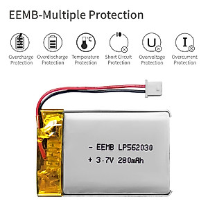 EEMB Lithium Polymer Battery 3.7V 280mAh 562030 Lipo Rechargeable Battery Pack with Wire Molex Connector for Dashcam Bluetooth Speaker - Confirm Device & Connector Polarity Before Purchase