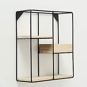 Modernist Industrial Chic Floating Box Shelf Unit, Wall Mounted, Black Iron, Includes 2 Flat Shelves, 1 Bin, Clear Finished, Solid Wood, Black Iron, 4.25 L x 12.25 W x 13.75 H Inches