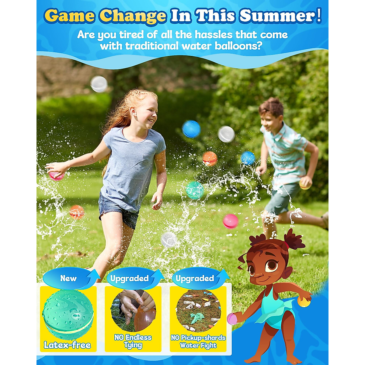 SOPPYCID Reusable Water Balloons, Self Sealing, Refillable Water Bomb Splash Balls, Pool Toys for Kids Ages 3-12, Outdoor Water Toys for Summer Fun Pool Party Favors (8 Pcs)