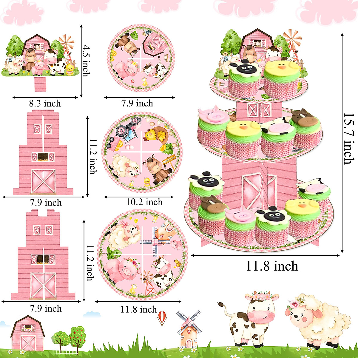 Pink Farm Animals Cupcake Stand 3 Tiers Farm Birthday Party Tower Barnyard Party Stand Holder Farm Animals Party Decorations for Farmhouse Baby Shower Supplies