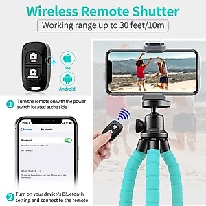 Aureday Phone Tripod, Flexible Tripod for iPhone and Android Cell Phone, Portable Small Tripod with Wireless Remote and Clip for Video Recording/Vlogging/Selfie (Blue)