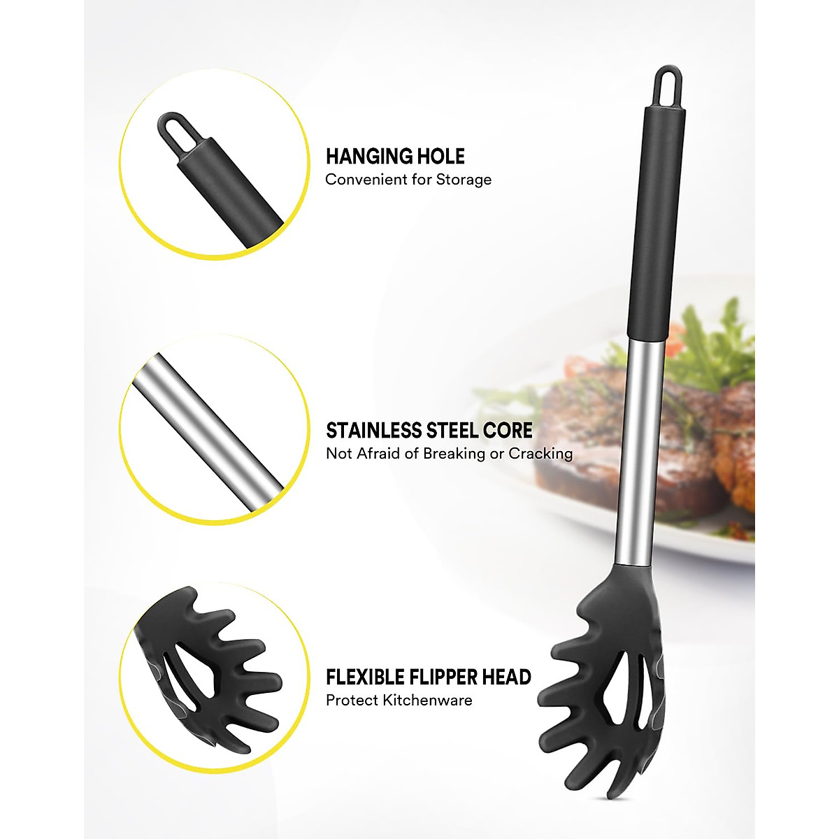 Silicone Pasta Fork and Soup Ladle Set, Non-Stick BPA Free Heat-Resistant Handy Kitchen Utensils for Cooking, Serving, Draining, Stirring (Black)
