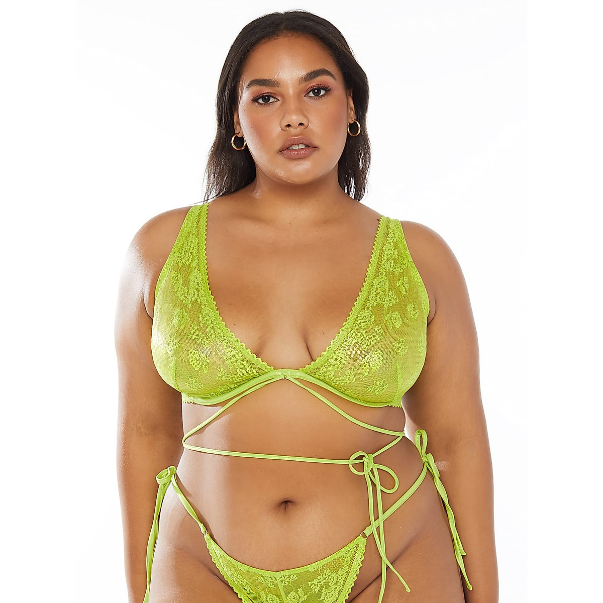 Savage X Fenty, Women's, Caged Lace Unlined Bra with Tie, Fuji Apple Green, 38DDD