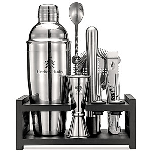 Hawke & Hanley Mixology Bartender Kit: Cocktail Shaker Bar Set with a Martini Shaker, Bar Tools and Black Bamboo Stand | Bartending Kit with Recipe Book | Unique Housewarming Gift (Silver)