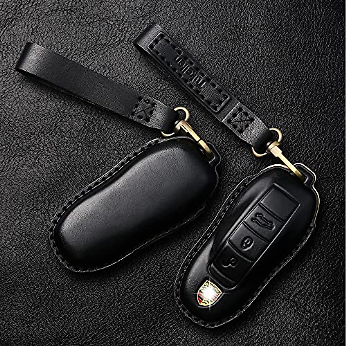 Tukellen for Porsche Leather Key Fob Cover with Keychain Key Shell Compatible with Porsche Panamera, Macan, Cayenne, 911-Black