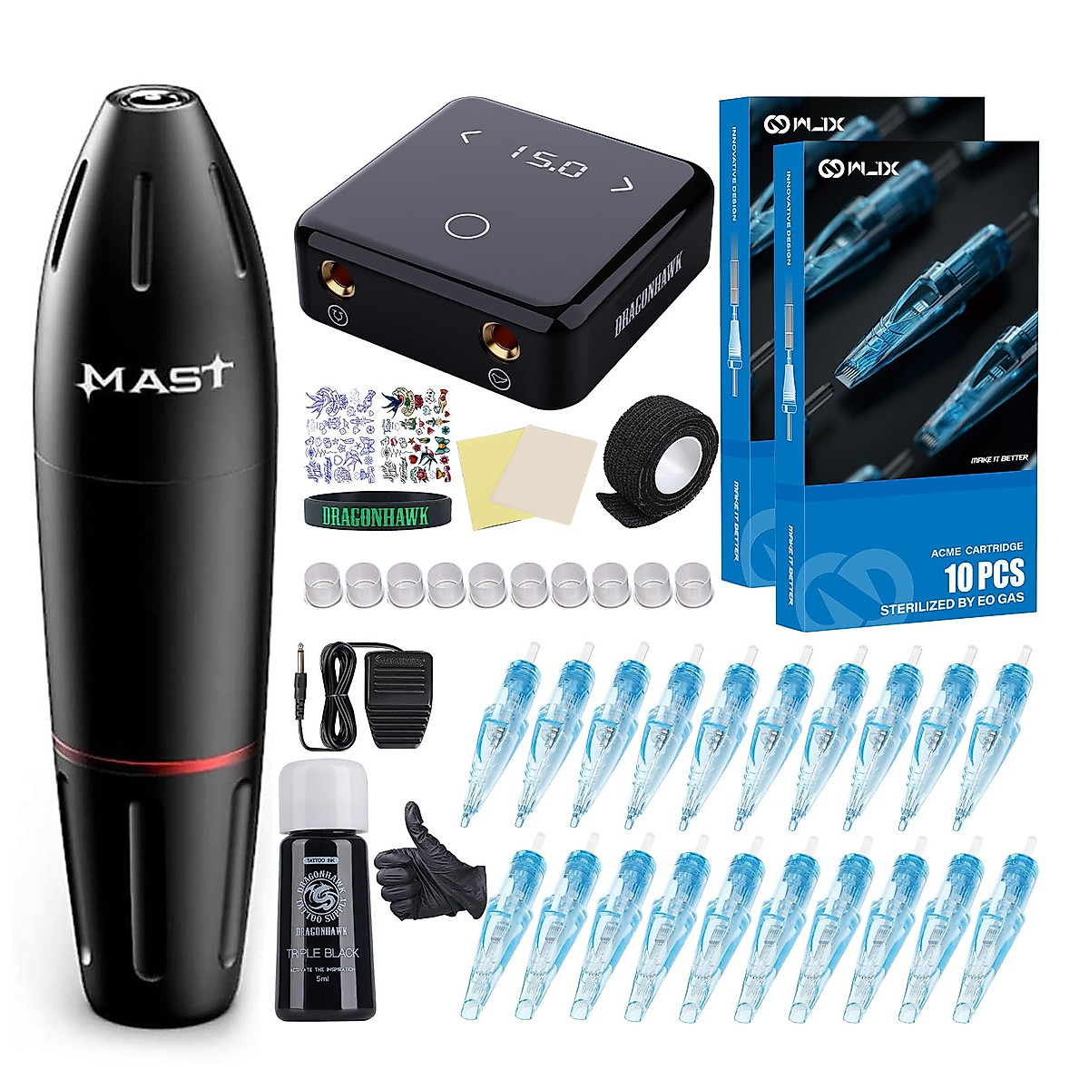 Dragonhawk Tattoo Machine Kit Rotary Tattoo Pen Gun Kit 20Pcs Tattoo Cartridges Needles Foot Pedal Power Supply for General Tattoo & Smp Studio 1013-10