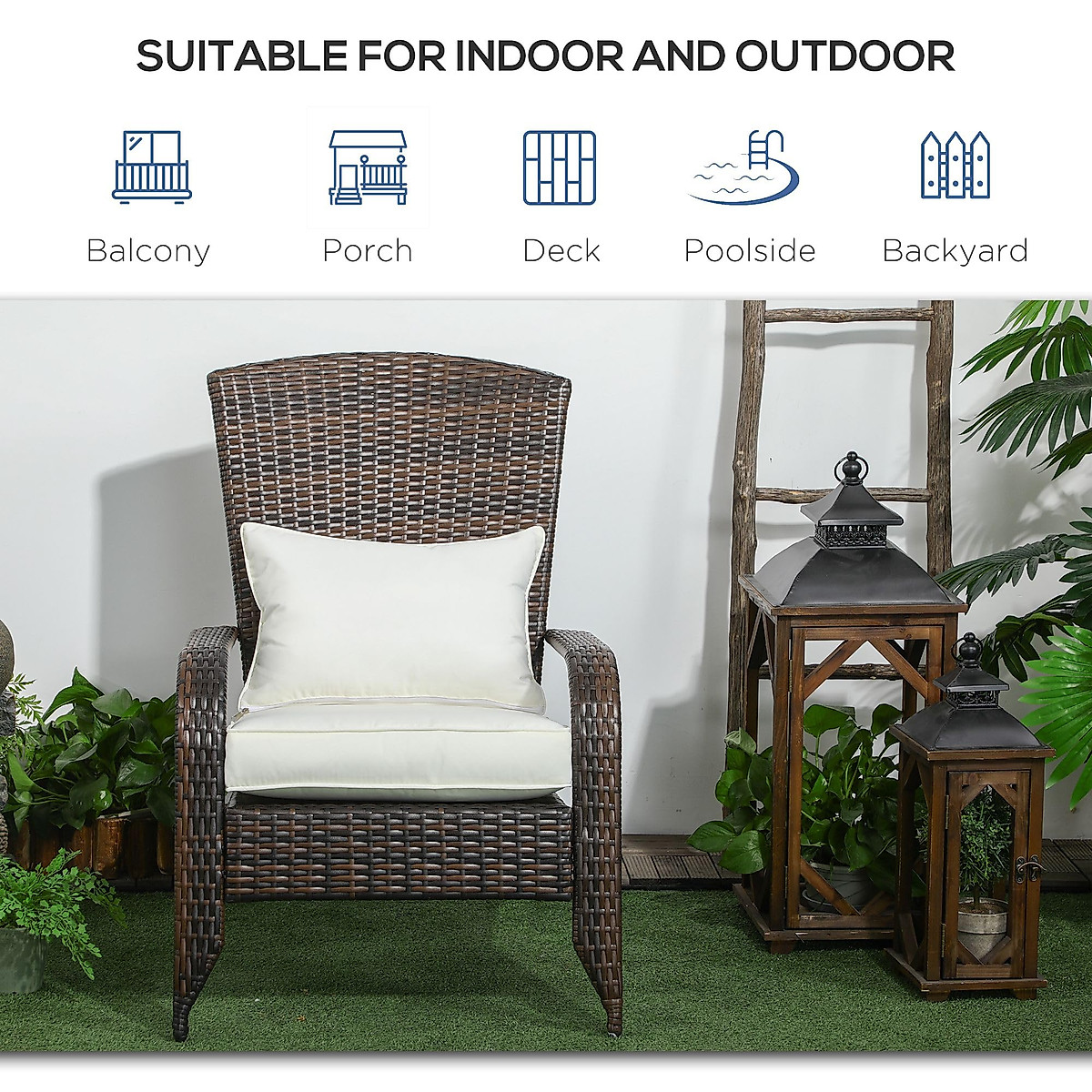 Outsunny Patio Wicker Adirondack Chair, Outdoor All-Weather Rattan Fire Pit Chair w/Soft Cushions, Tall Curved Backrest and Comfortable Armrests for Deck or Garden, Cream White