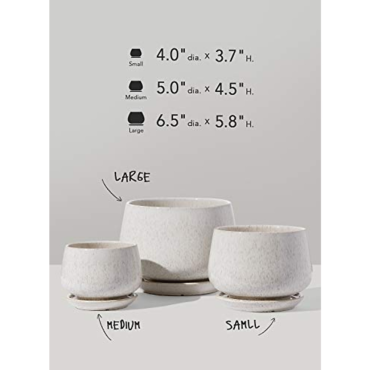 LE TAUCI Plant Pots, 4.1+5.1+6.5 inch, Set of 3, Ceramic Planters with Drainage Hole and Saucer, Indoor Flower Pot with Hole Mesh Pad, Gifts for Mom, Reactive Glaze Beige