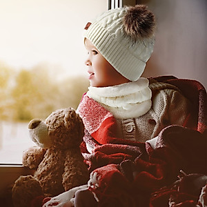 6 Pcs Toddler Winter Hat and Gloves Set with Neck Warmer Kids Pompom Hat Knitted Beanie Mittens for Baby Boys Girls 0-4 Year(Black, White)