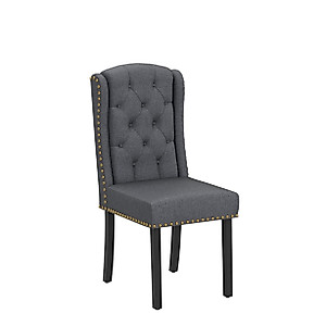 Yaheetech Dining Chairs Upholstered Fabric Chairs Tufted Kitchen Chairs with Solid Wood Legs, Nailhead Trims and Wing Design for Dining Room Kitchen and Restaurant, Set of 6, Gray