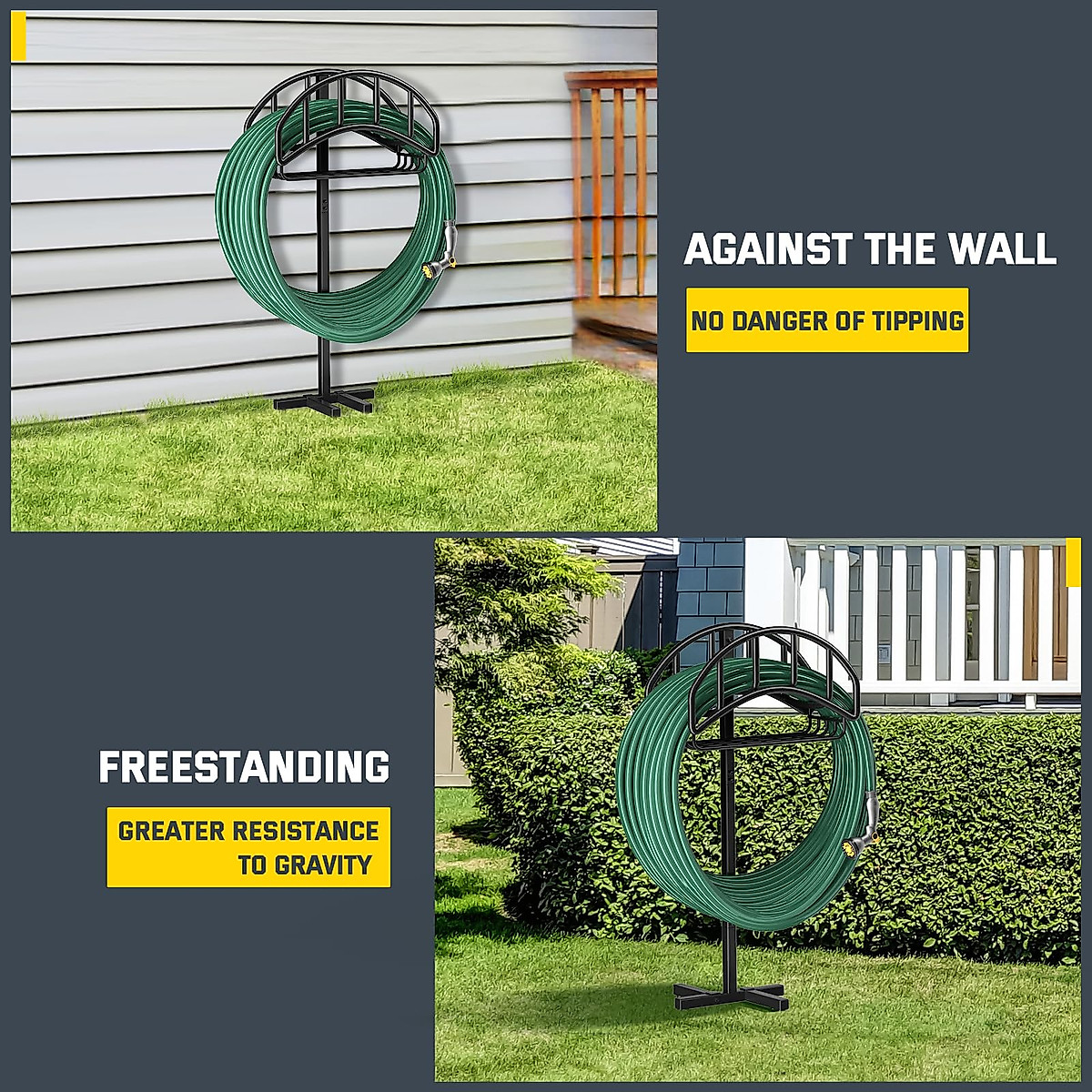 Kesfitt Garden Hose Holder,Detachable Water Hose Holders Freestanding with Tool Storage Basket,4 Spikes Heavy Duty Metal Hose Stand Hanger,Garden Hose Storage Rack for Outside Lawn Yard