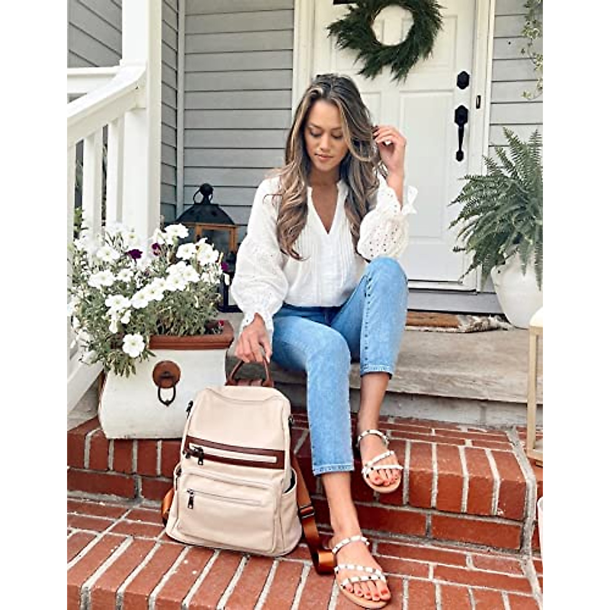 Telena Womens Backpack Purse Vegan Leather Large Travel Backpack College Shoulder Bag with Tassel Beige-Brown